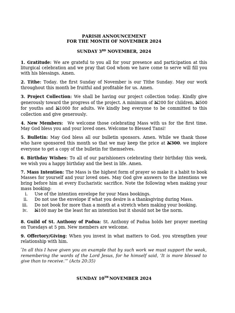 Announcement For November | PDF | Eucharist | Mass (Liturgy)