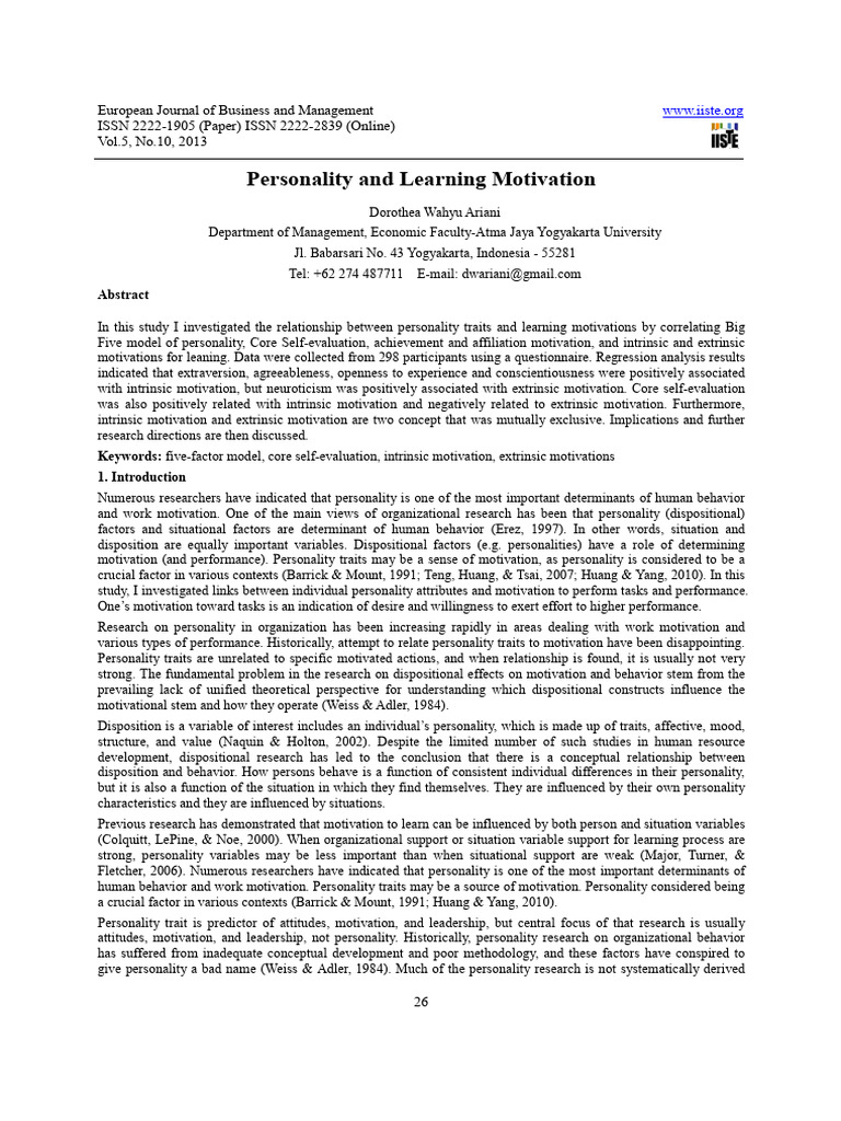 Personality and Learning Motivation | PDF | Motivational | Motivation