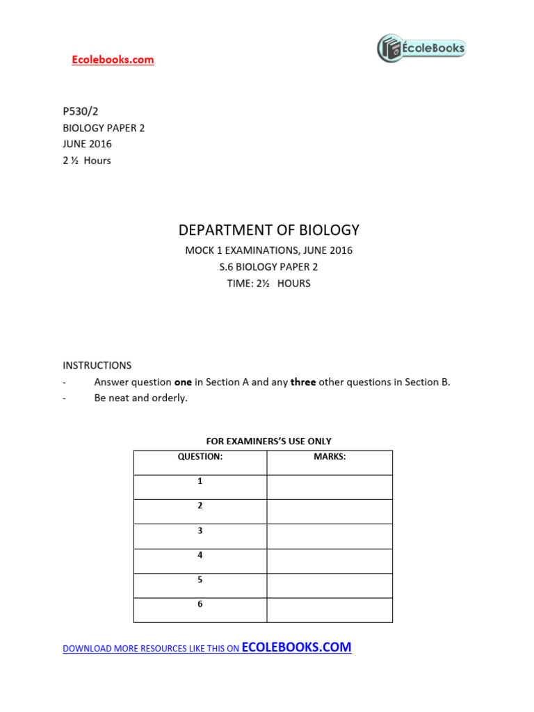 S.6 Biology P2 Mock 1 | PDF | Excretion | Biology