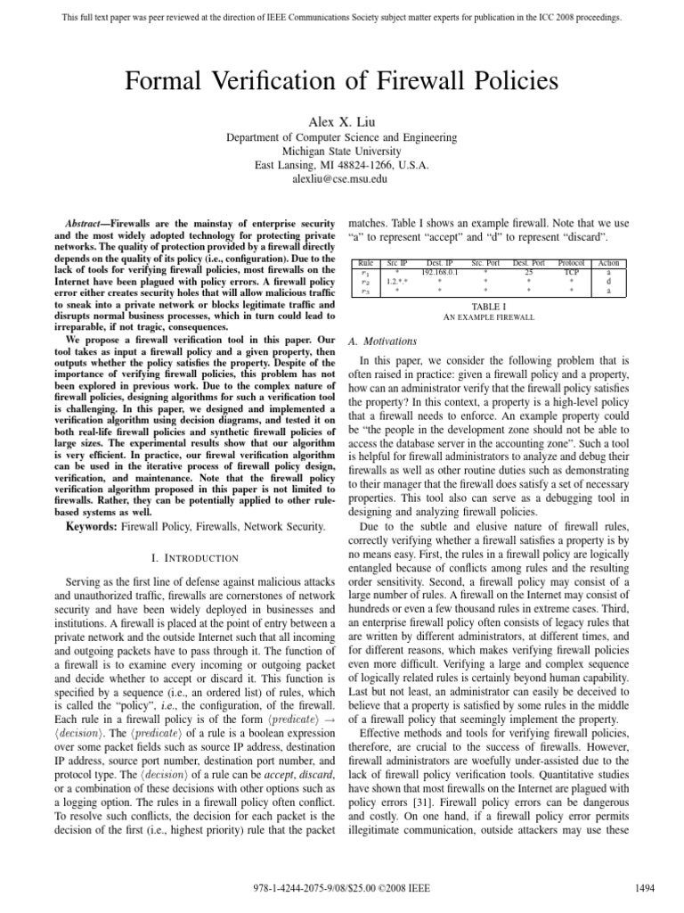 Formal Verification of Firewall Policies | PDF | Firewall (Computing) | Internet Protocols
