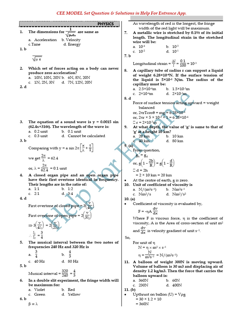 CEE Model Question Solution in Help For Entrance 1 | PDF | Gases | Force