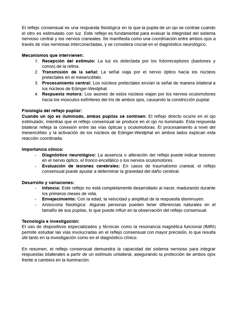 Reflejo consensual y su importancia clínica | PDF | Nervio | Ojo