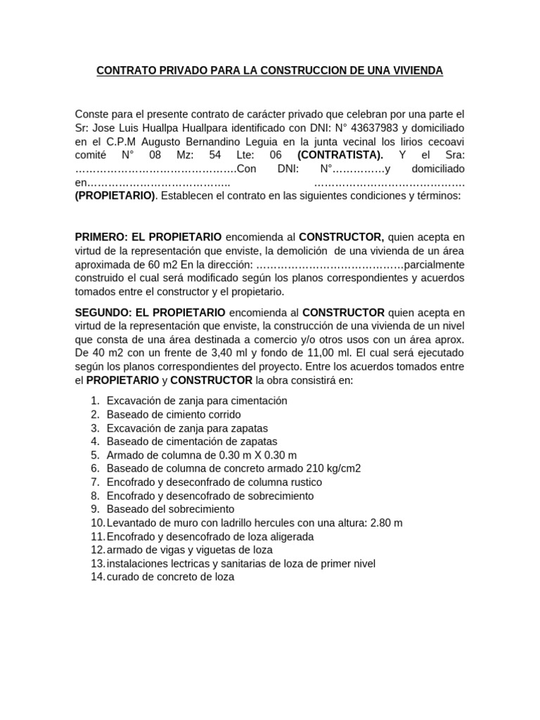 Contrato Privado para La Construccion de Una Vivienda | PDF | Ingeniería estructural ...