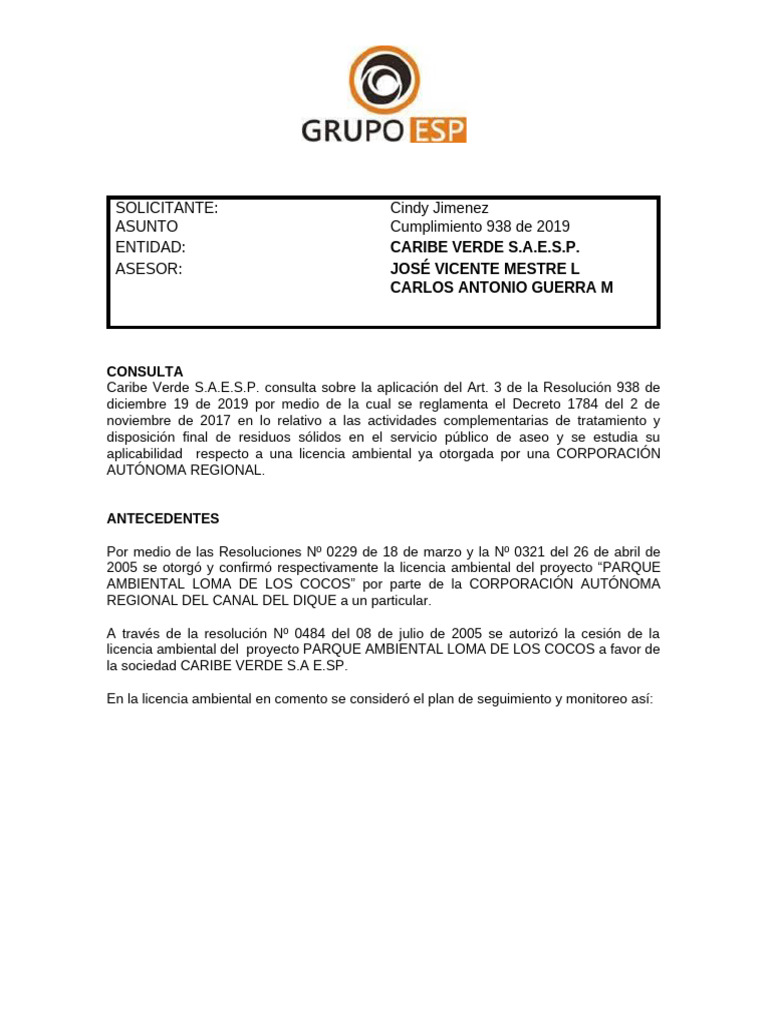 CONCEPTO CARIBE VERDE Resoluci N 938 - 2019 | PDF | Caso de ley | Entorno natural