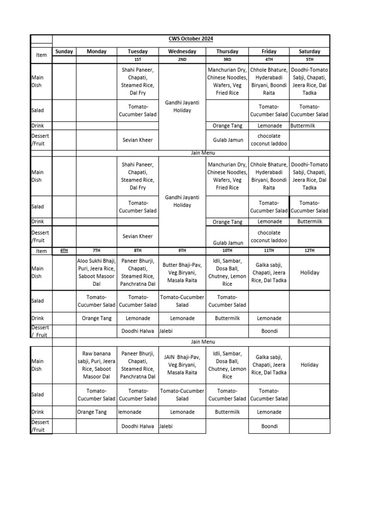 October 2024 Weekly Meal Plan | PDF | Salad | Curry