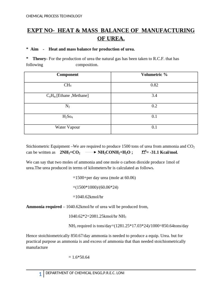Heat and Mass Balance of Urea | PDF | Mole (Unit) | Ammonia