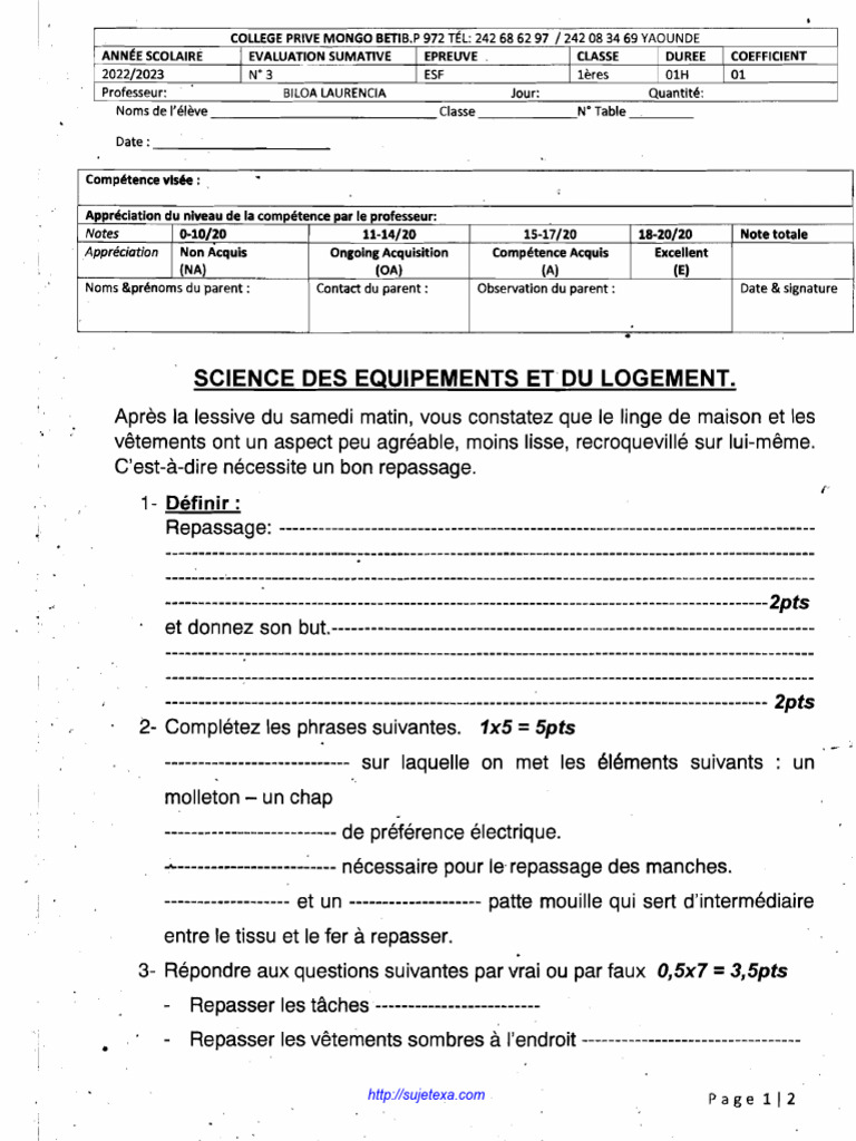 Devoir Esf 1ere A-C-D Séquence 3 College Prive Mongo Beti 2023-2024 | PDF | Processus ...