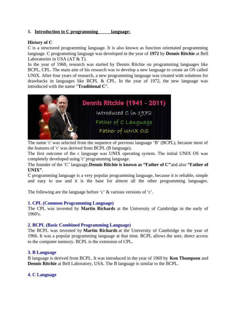 Unit1-History of C | PDF | C (Programming Language) | Reserved Word