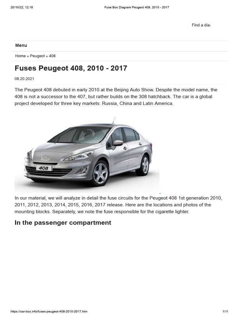 Fuse Box Diagram Peugeot 408, 2010 - 2017 | PDF | Headlamp | Engines