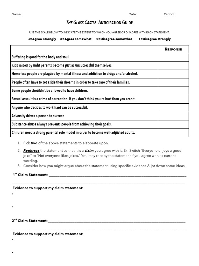 The Glass Castle Anticipation Guide | PDF | Self-Improvement