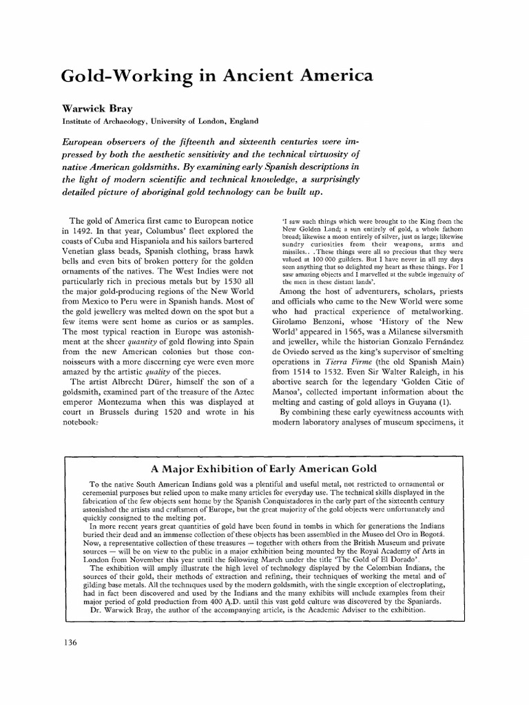 Gold-Working in Ancient America Autor Warwick Bray | PDF | Gold | Jewellery