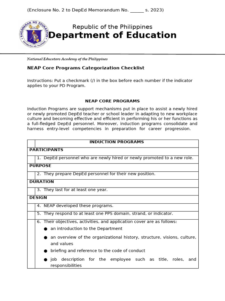 Enclosure No. 2 NEAP Core Programs Categorization Checklist | PDF ...