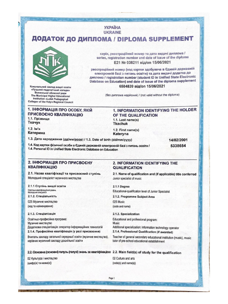 Додаток До Диплома Diploma Supplement | PDF
