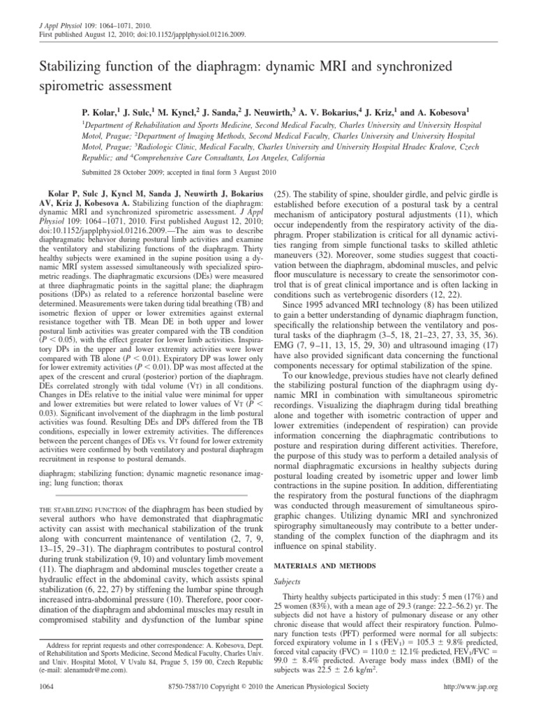Stabilizing Function of The Diaphragm: Dynamic MRI and Synchronized ...