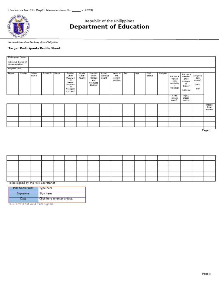 Enclosure No. 3 Target Participants Profile Sheet | PDF