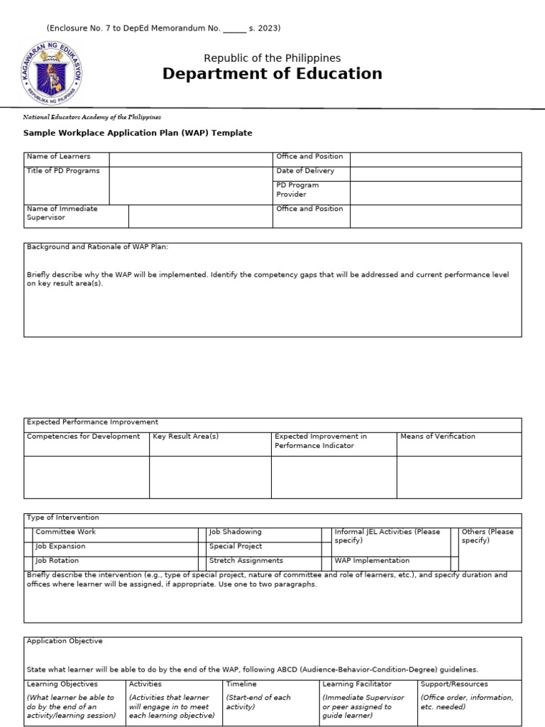 Enclosure No. 7 Sample Workplace Application Plan (WAP) Template | PDF ...