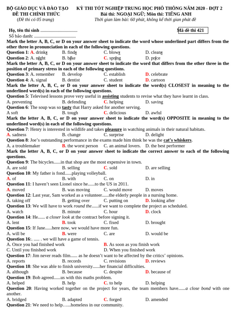 56664.ĐỀ THI TNPTTH 2020 ĐỢT 2 - BÔ GD &ĐT - MẢ ĐỀ 421 | PDF | Adolescence | Grandparent