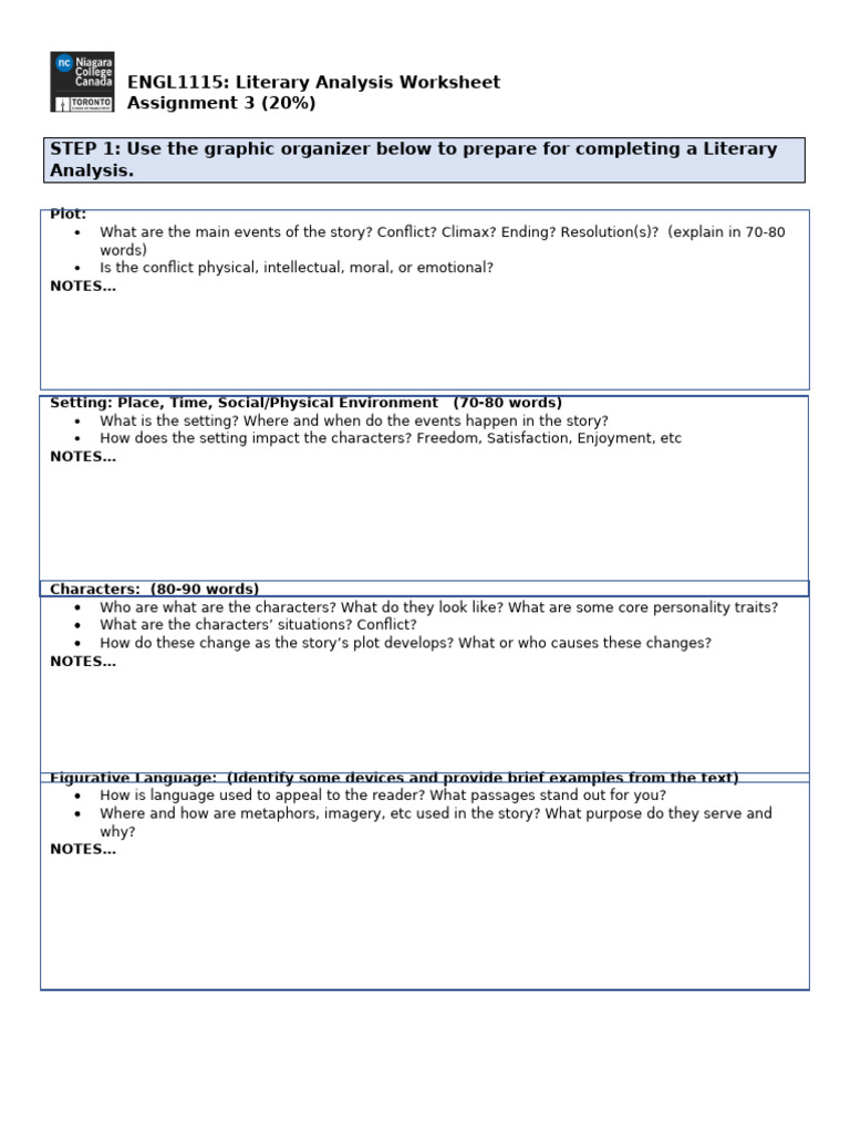 ENGL1115: Literary Analysis Worksheet Assignment 3 (20%) STEP 1: Use ...