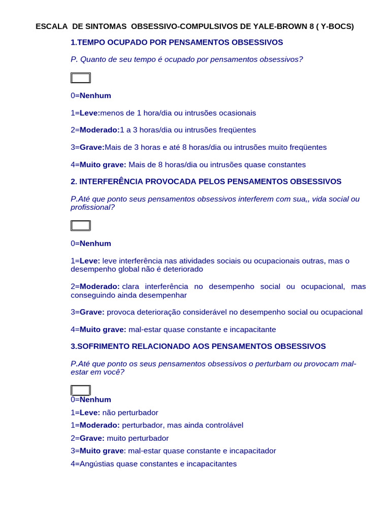 Escala Y-BOCS: Sintomas Obsessivo-Compulsivos | PDF | Transtorno obsessivo compulsivo (TOC ...