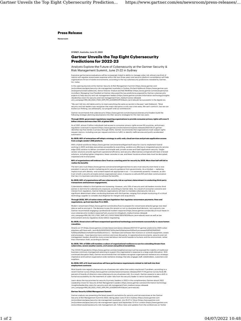 Gartner Unveils The Top Eight Cybersecurity Predictions For 2022-23 | PDF | Computer Security ...