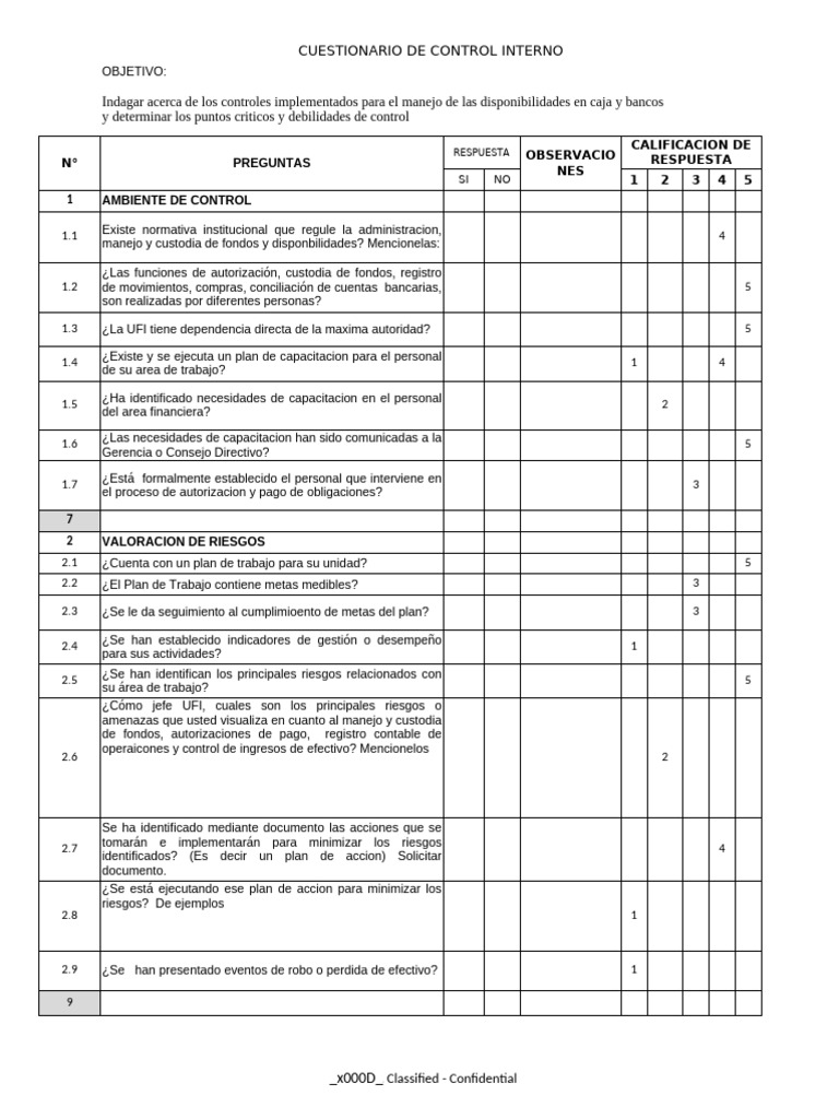 Cuestionario de Control Interno Disponib | PDF | Cheque | Bancos