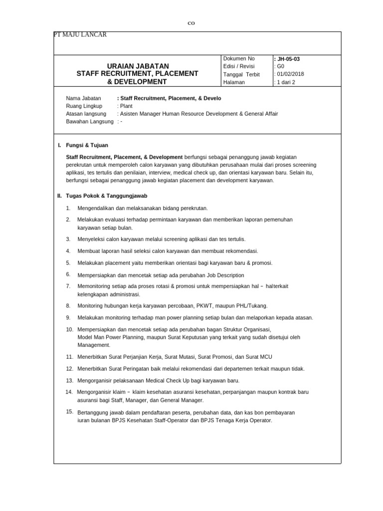 Contoh JobDes Staff Recruitment, Assesment & Placement | PDF | Pengelolaan Keuangan & Uang