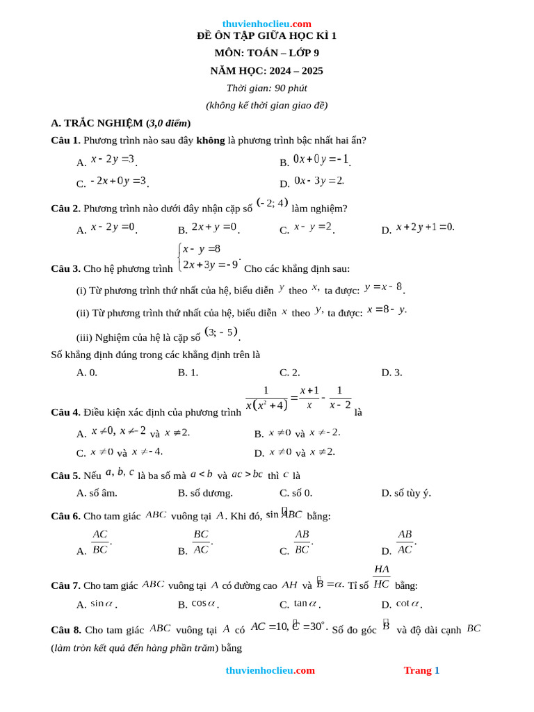 De On Tap Giua HK1 Toan 9 KNTT | PDF