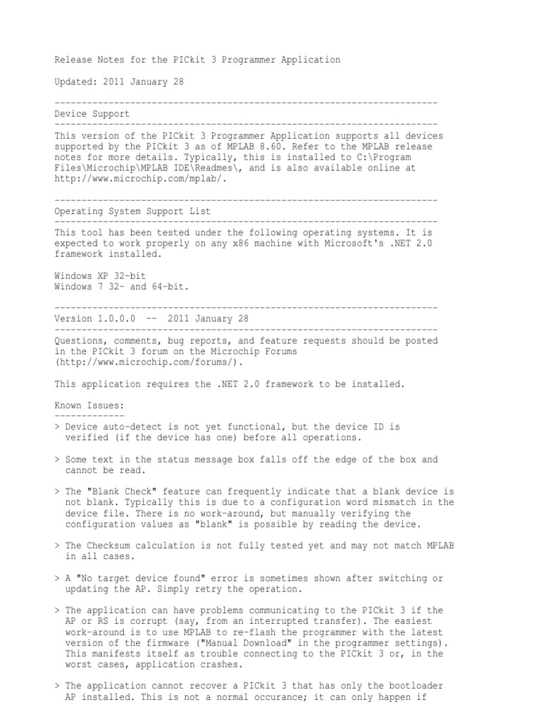 PICKit 3 Programmer 1 0 Readme | PDF | Programmer | Microsoft Windows