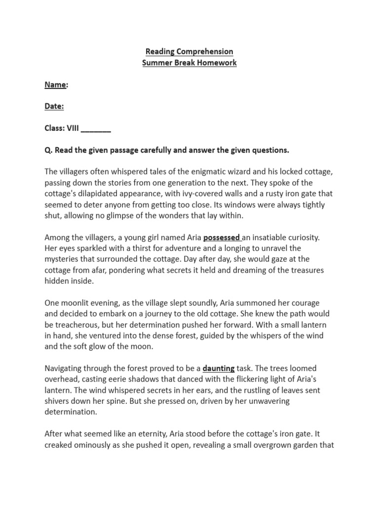Reading Comprehension- Summer Vacation hw 2023.docx | PDF