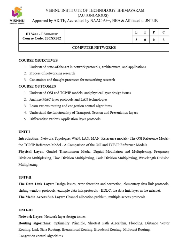 III-I CN Syllabus (2022-26 Batch) | PDF | Computer Network | Internet Protocol Suite