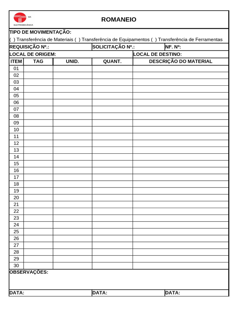 FM 027 - Romaneio - Rev 01 | PDF