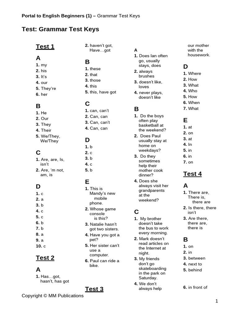 Portal To English Beg-1 - Gram Test Keys | PDF