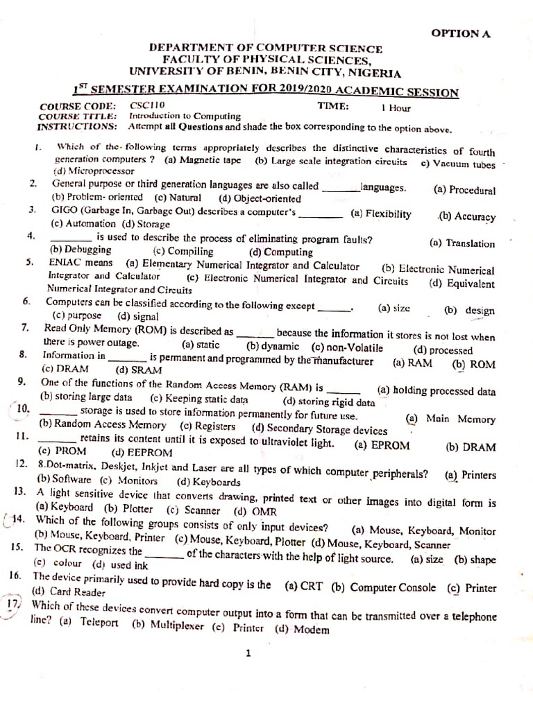 CSC 110 Past Questions 2019-2020 | PDF