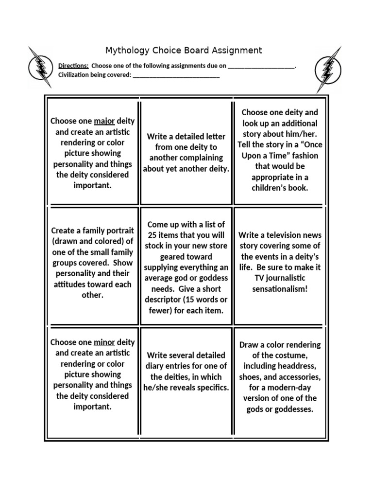 Mythology Choice Board Assignment | PDF | Deities