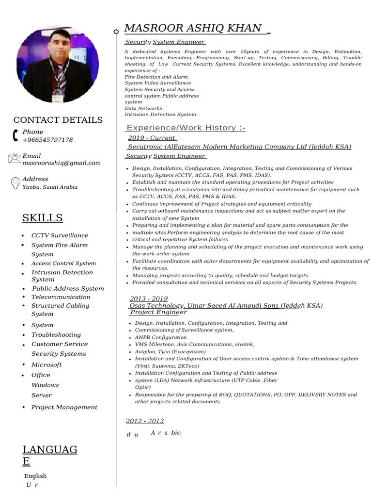 Masroor Ashiq Khan's Resume | PDF | Saudi Arabia | Closed Circuit Television