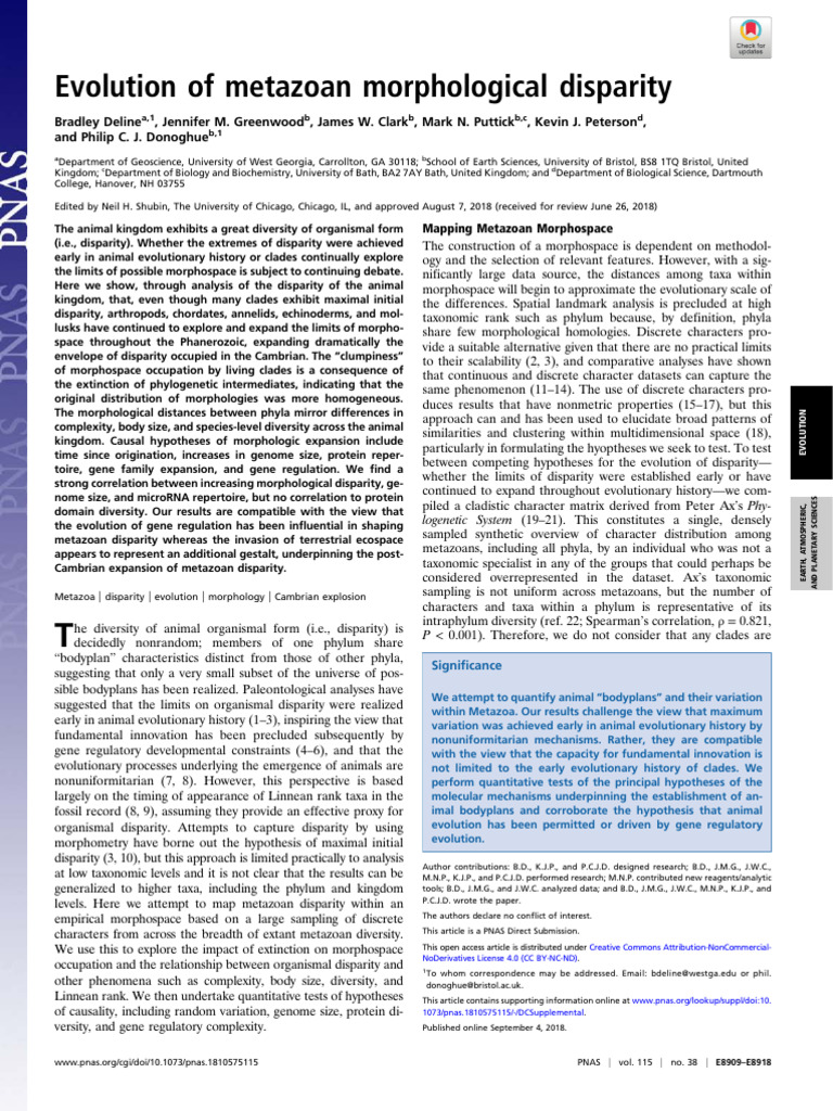 Deline Et Al 2018 Evolution of Metazoan Morphological Disparity | PDF ...