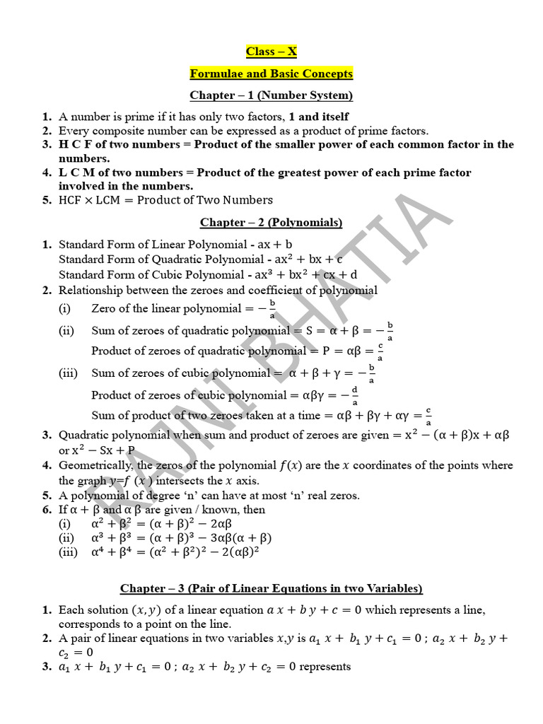 Basic Concepts and Formulae (X) Mathematics | PDF | Polynomial | Quadratic Equation