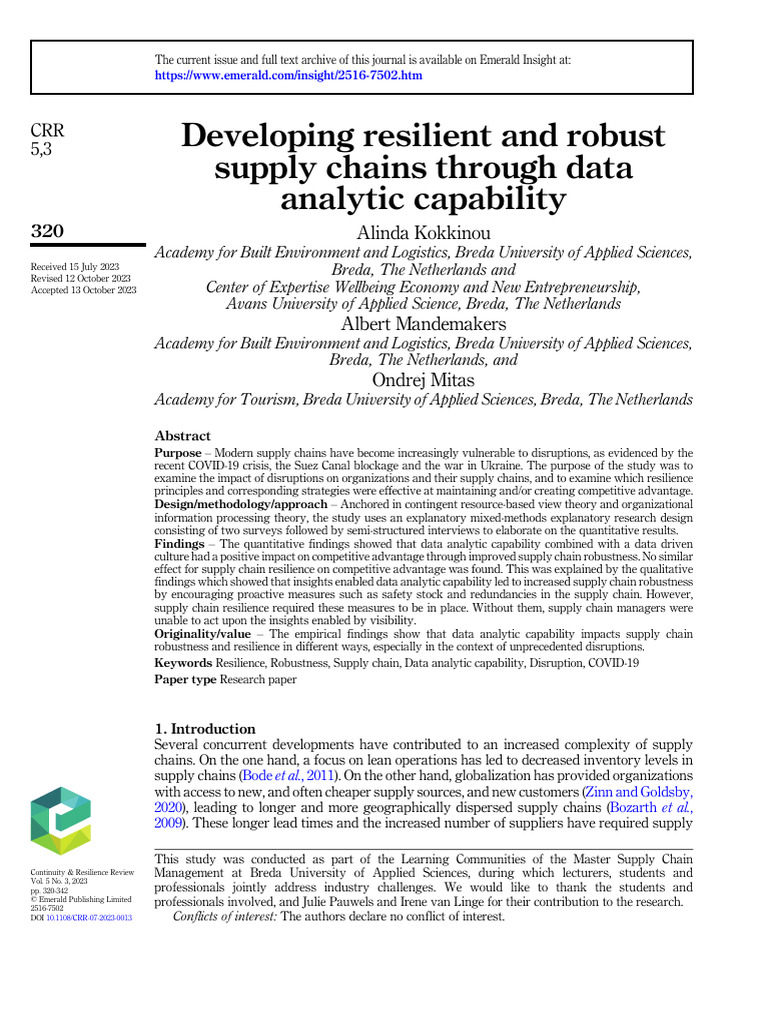 Developing Resilient and Robust Supply Chains Through Data Analytic Capability | PDF | Supply ...