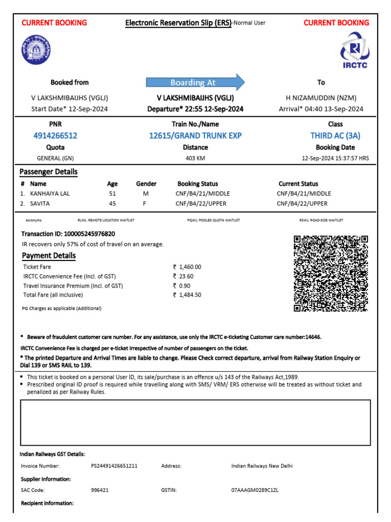 12615/grand Trunk Exp Third Ac (3A) | PDF | Identity Document | Payments