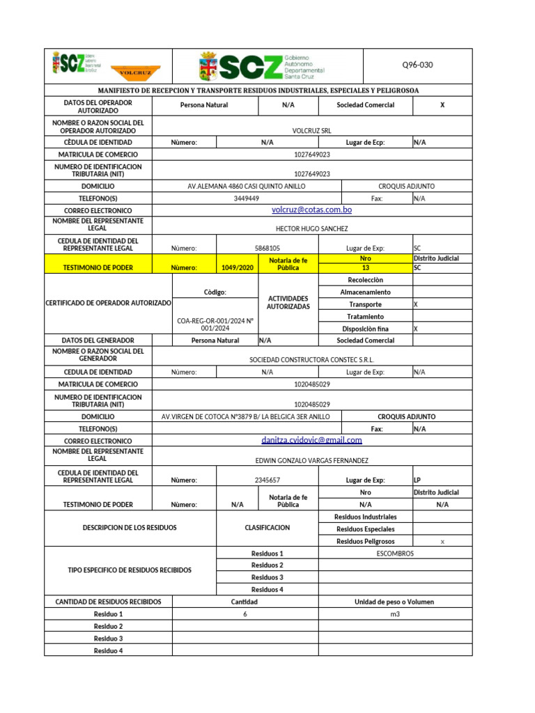 Manifiesto de Recepcion y Transporte Residuos | PDF | Documento de identidad