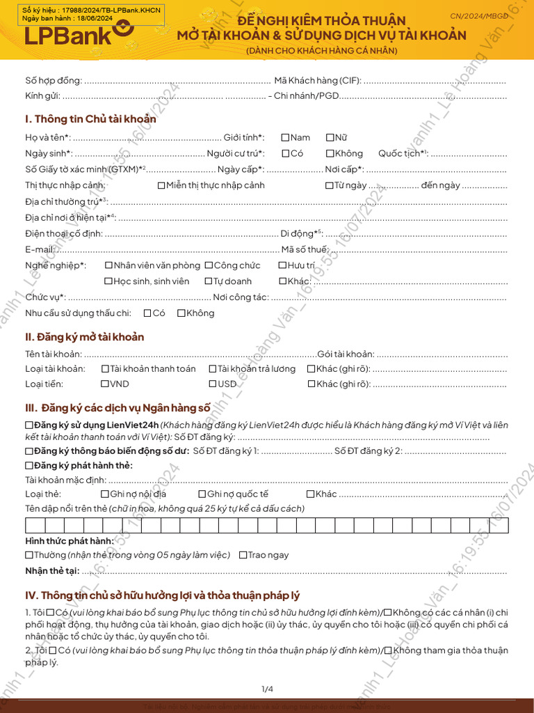 Dinh Kem TB - 17988 de Nghi Kiem Thoa Thuan Mo Tai Khoan & Su Dung Dich Vu Tai Khoan KHCN - in | PDF