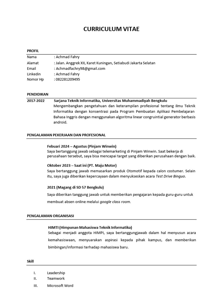 Curriculum Vitae - Achmad Fahry | PDF