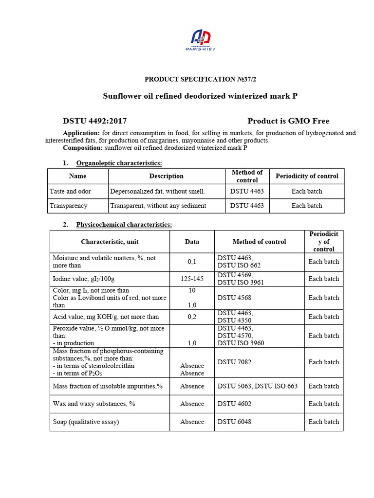 A&P - Product Specification Sunflower Oil Refined Eng | PDF | Fat ...