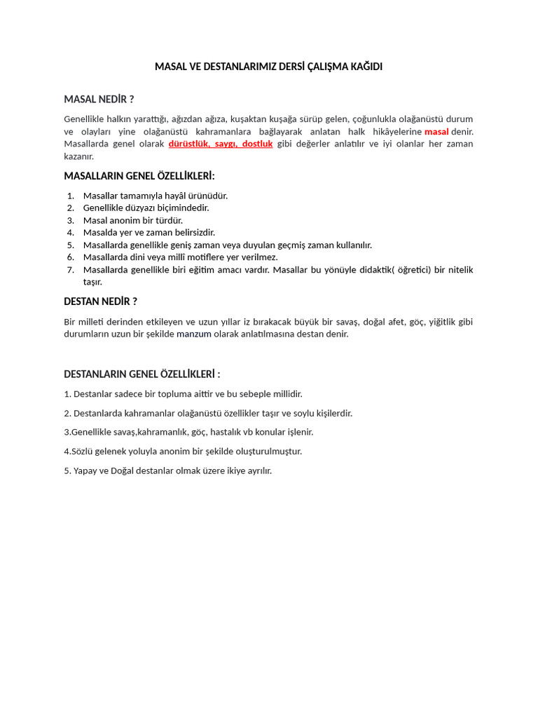 Masal ve Destanlar Calisma Kagidi (1) | PDF Masal ve Destanlar Calisma Kagidi (1) | PDF
