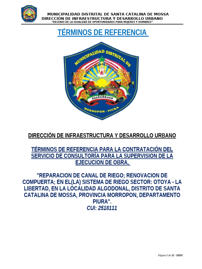 TDR Supervision Canal Otoya | PDF | Presupuesto | Planificación urbana