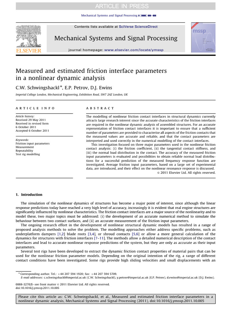 2011 - Journal - MSSP - 1D Friction Rig | PDF | Friction | Force