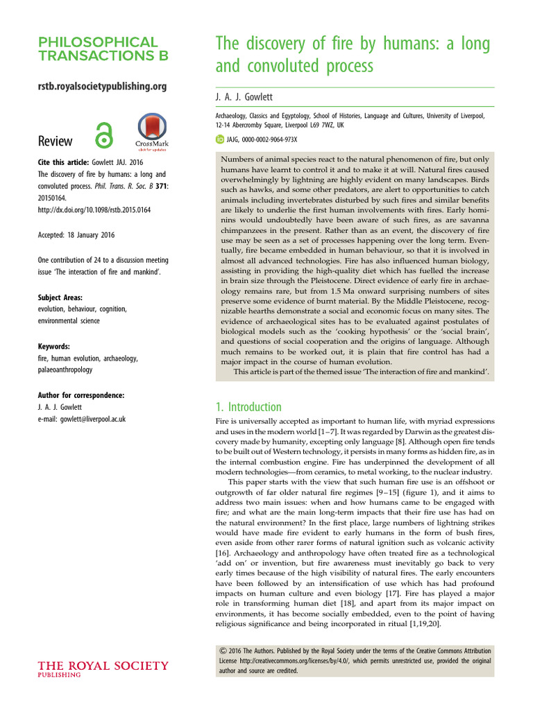 Gowlett 2016 The Discovery of Fire by Humans A Long and Convoluted ...