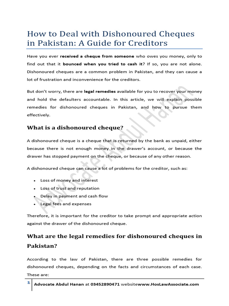 Dishonoured Cheques: Legal Remedies in Pakistan | PDF | Cheque | Lawsuit