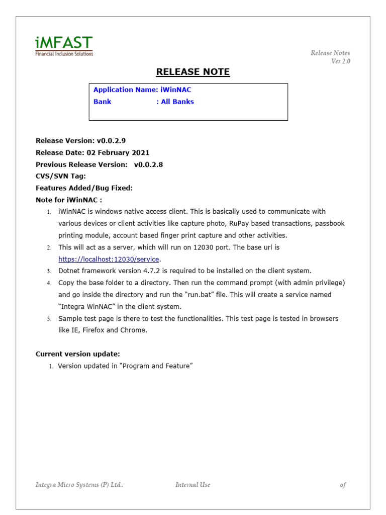 iWinNAC Service Release Notes 2.0 | PDF