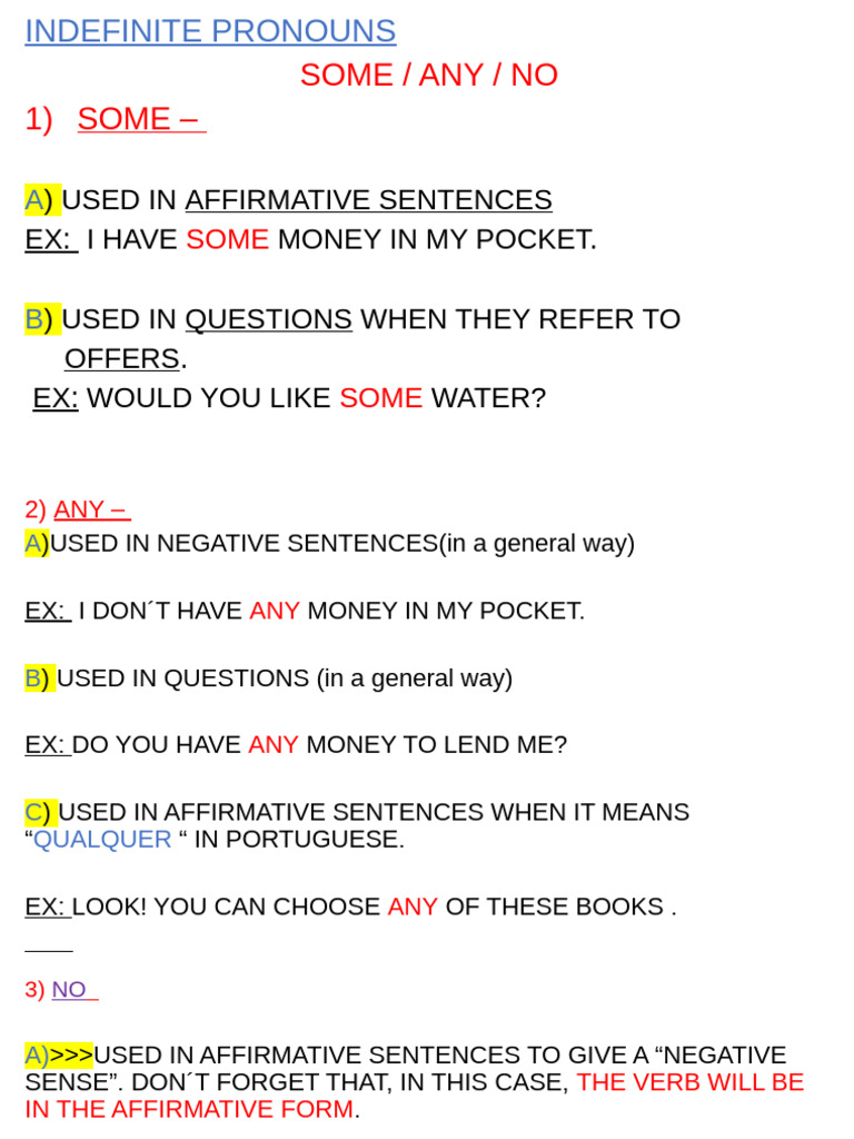Understanding Indefinite Pronouns: Some, Any, No | PDF | Foreign ...